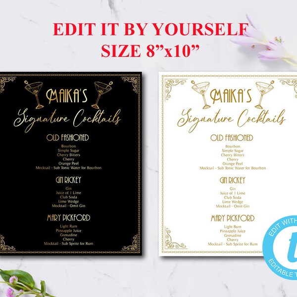 Diy Great Gatsby Drink Menu Template - Etsy