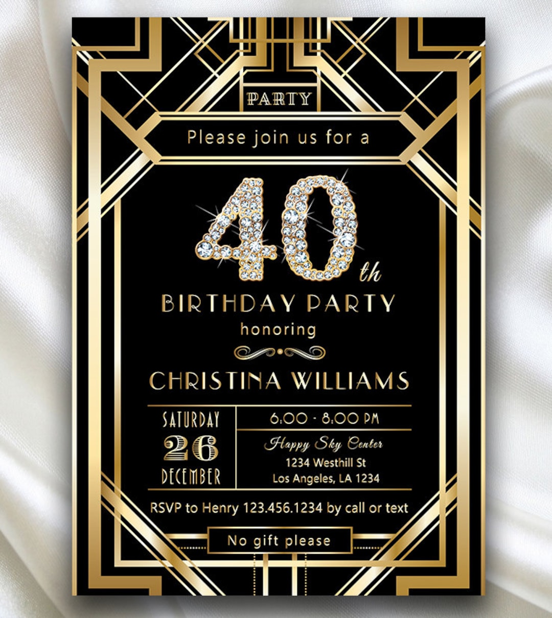 Surprise Party Invitation, Great Gatsby Art Deco Elegant 30th 40th 50th ...