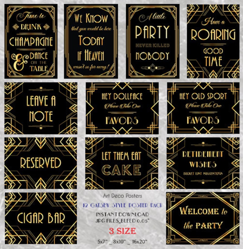 Printable Gatsby 12 Poster Pack - Printable Wedding & Birthday Party ...