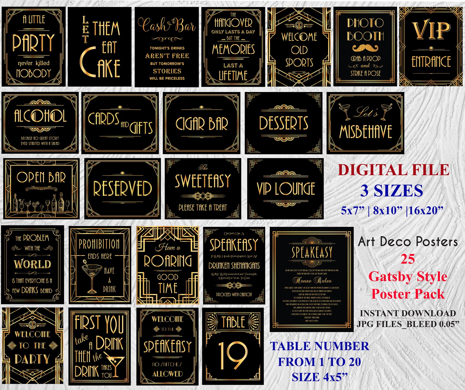 Printable Gatsby 25 Posters Pack - Printable Wedding & Birthday Party ...