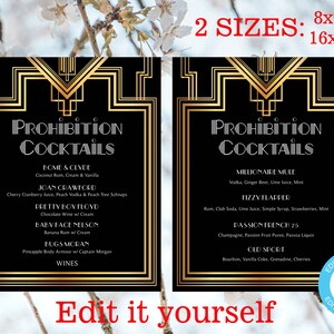 Great Gatsby Art Deco Drink Menu Template, PROHIBITION COCKTAILS Sign ...