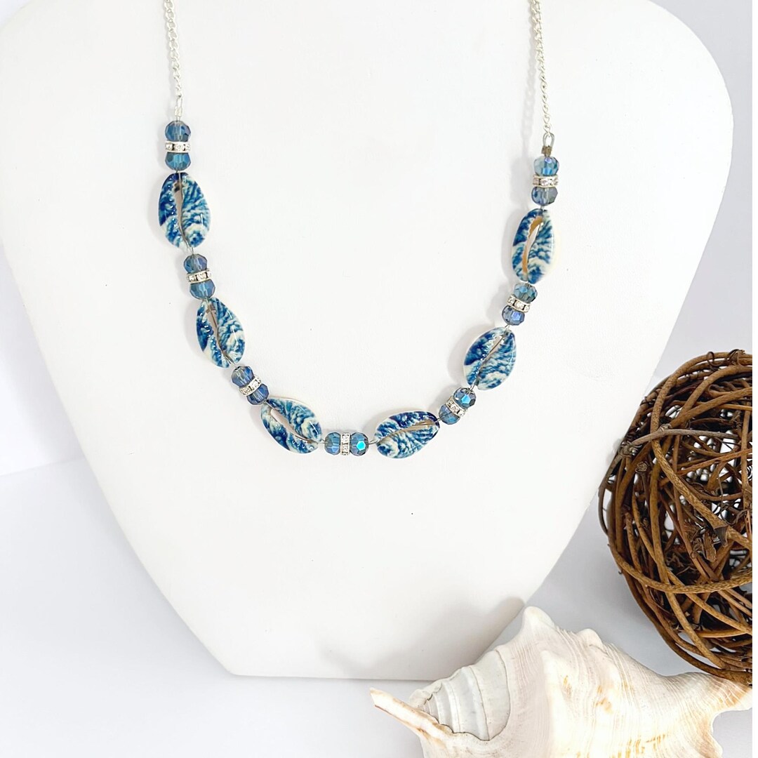Blue and White Cowrie Shell Necklace With Silver Chain - Etsy