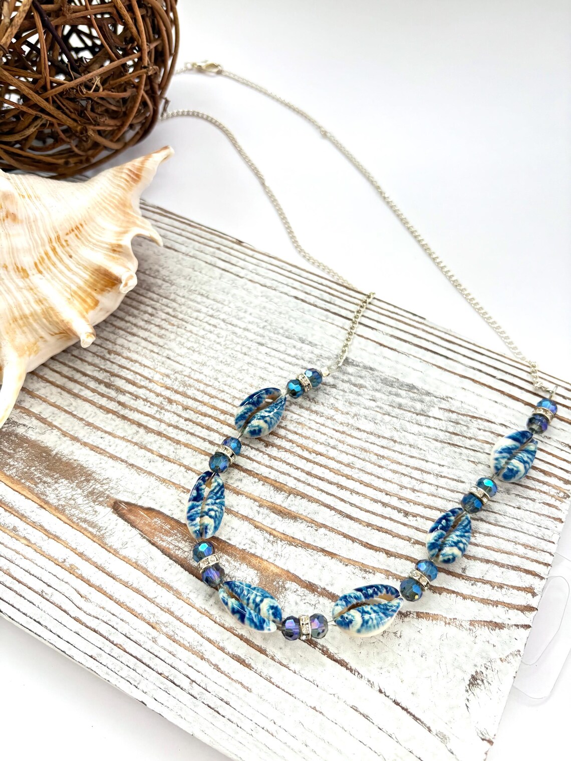 Blue and White Cowrie Shell Necklace With Silver Chain - Etsy