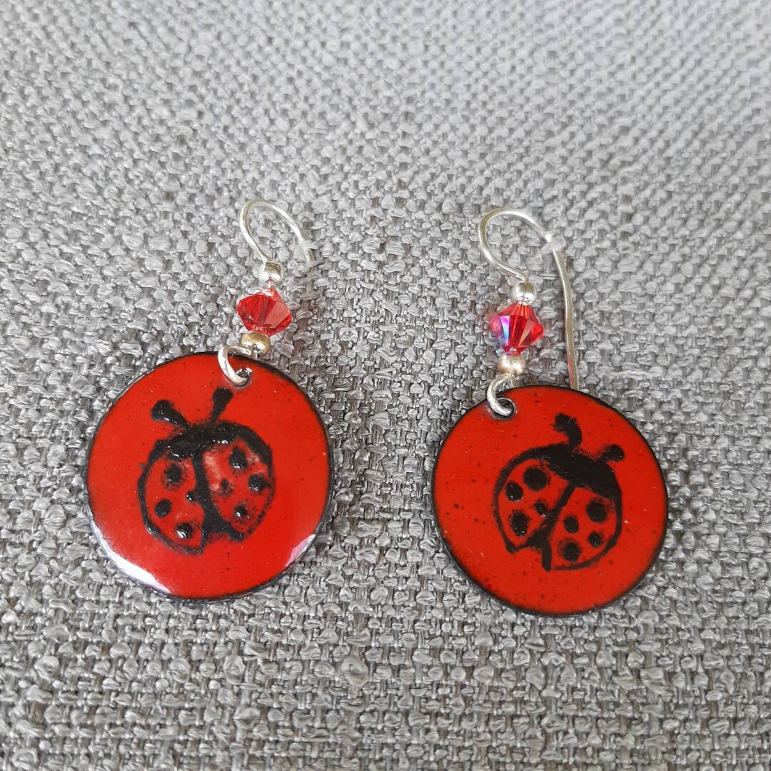 Ladybug Earrings, Enameled Ladybug Earrings, Red Earrings, Dangle ...