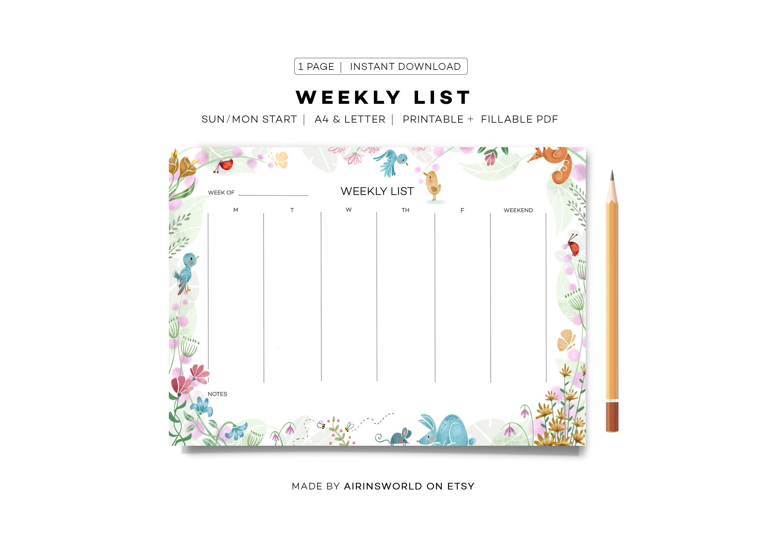 Weekly Calendar Printable, Weekly to Do List, Weekly to Do, Week ...