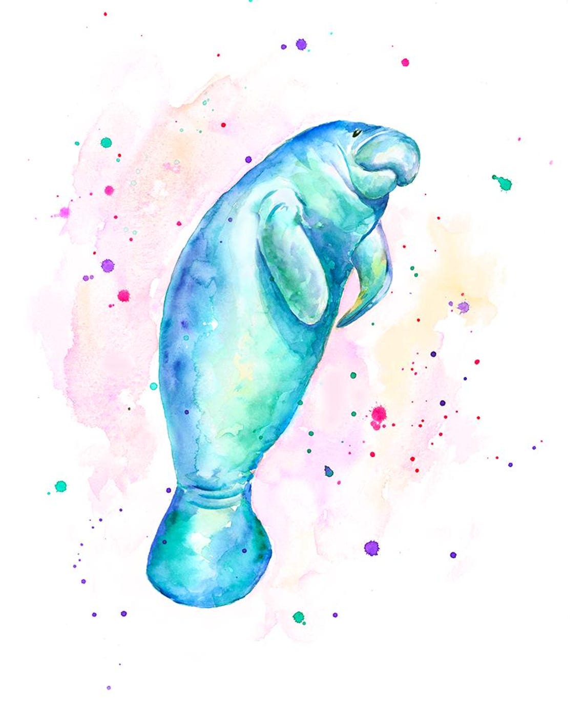 Manatee Watercolor Print, Cute Colorful Manatee Wall Art, Blue Manatee ...
