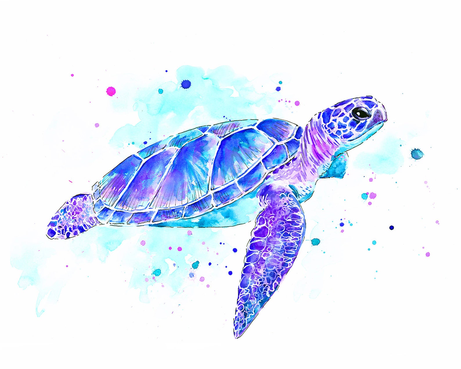 Turtle Watercolor Print on Canvas, Blue Purple Turtle Wall Art, Turtle ...