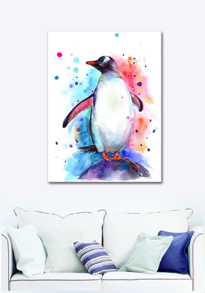 Penguin Watercolor Print on Canvas, Colorful Penguin Wall Art, Penguin ...