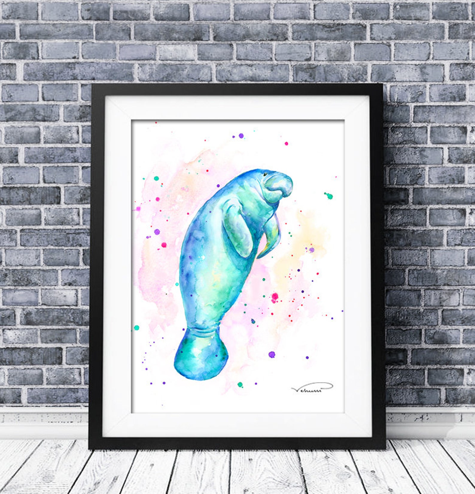 Manatee Watercolor Print, Cute Colorful Manatee Wall Art, Blue Manatee ...