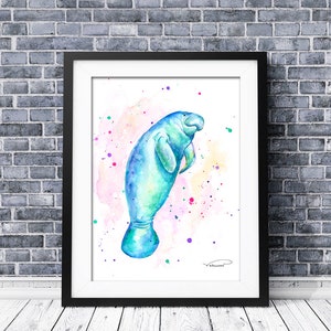Manatee Watercolor Print, Cute Colorful Manatee Wall Art, Blue Manatee ...