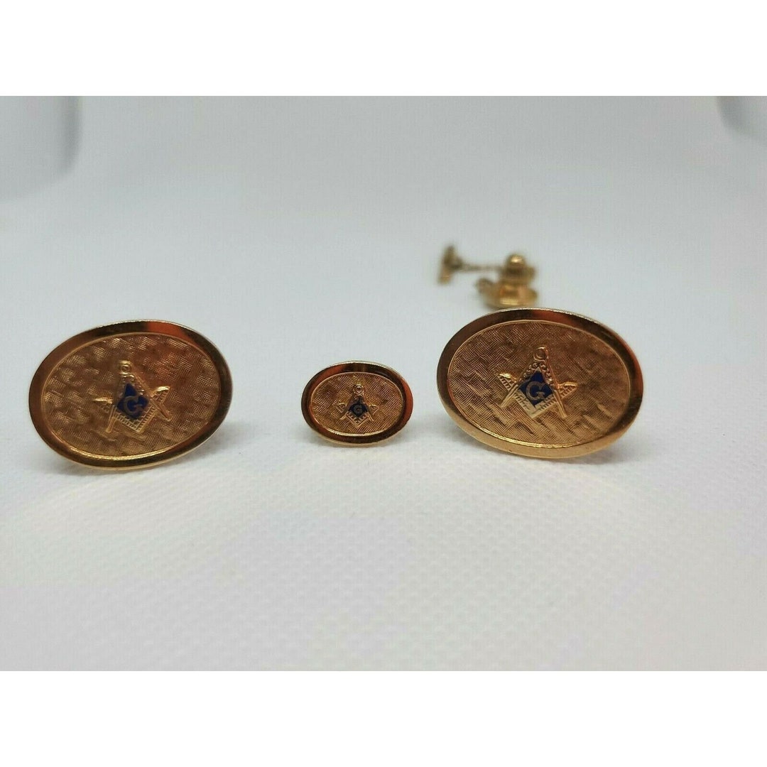 Vintage Gold Tone Free Mason Tie Tack Cufflinks Set Oval Square Compass ...