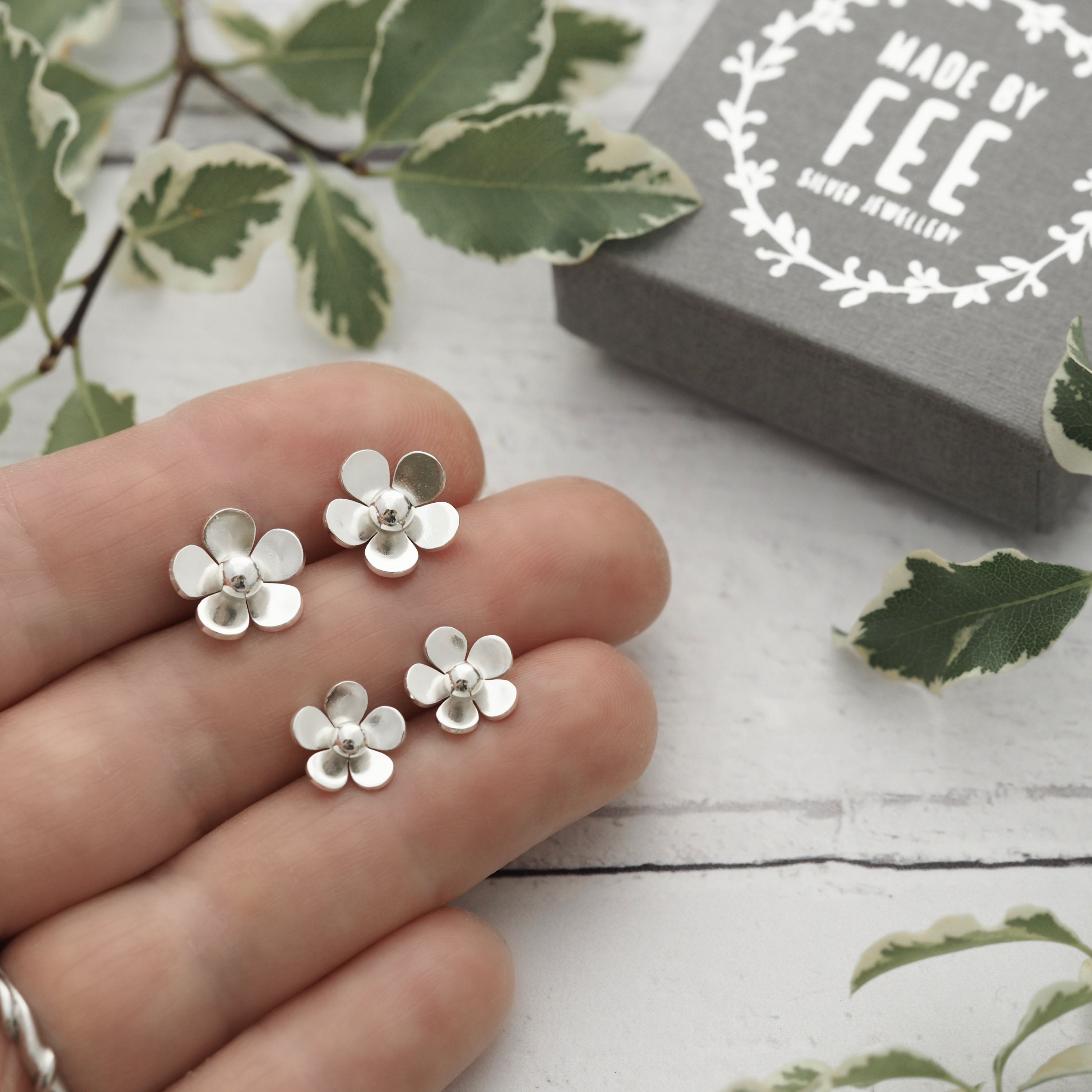 MadeByFeeSilver Sterling Silver Flower Drop Earrings Unique Handmade Floral Jewellery Gift for Women