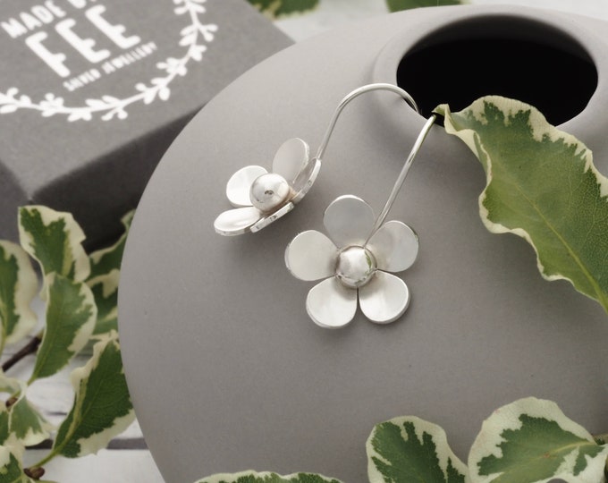 Sterling Silver Flower Drop Earrings Unique Handmade Floral - Etsy