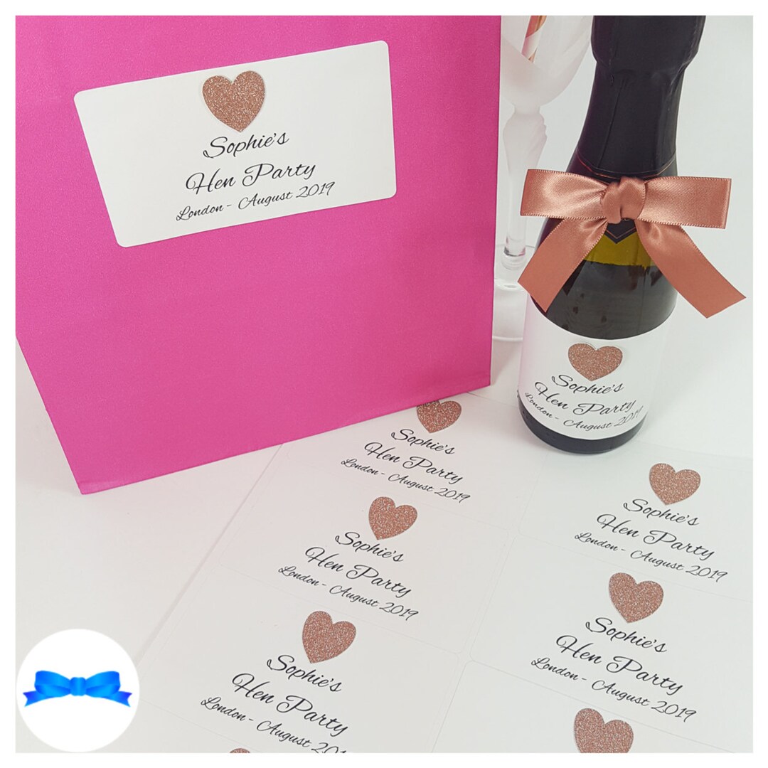 Rose Gold Hen Party Glitter Mini Bottle Labels. Hen Party Bag Stickers ...