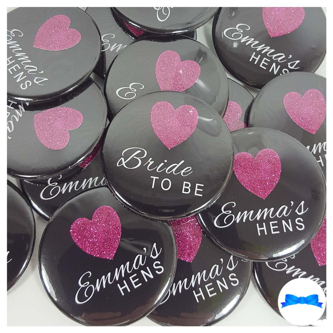 Personalised Black Hen Party Badges With Glitter Heart. Hen Party Bag ...