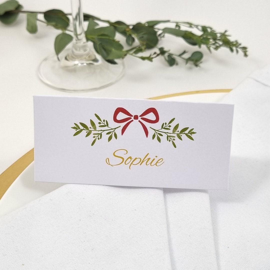 Personalised Christmas Place Cards. Mistletoe Leaf Garland and Bow ...