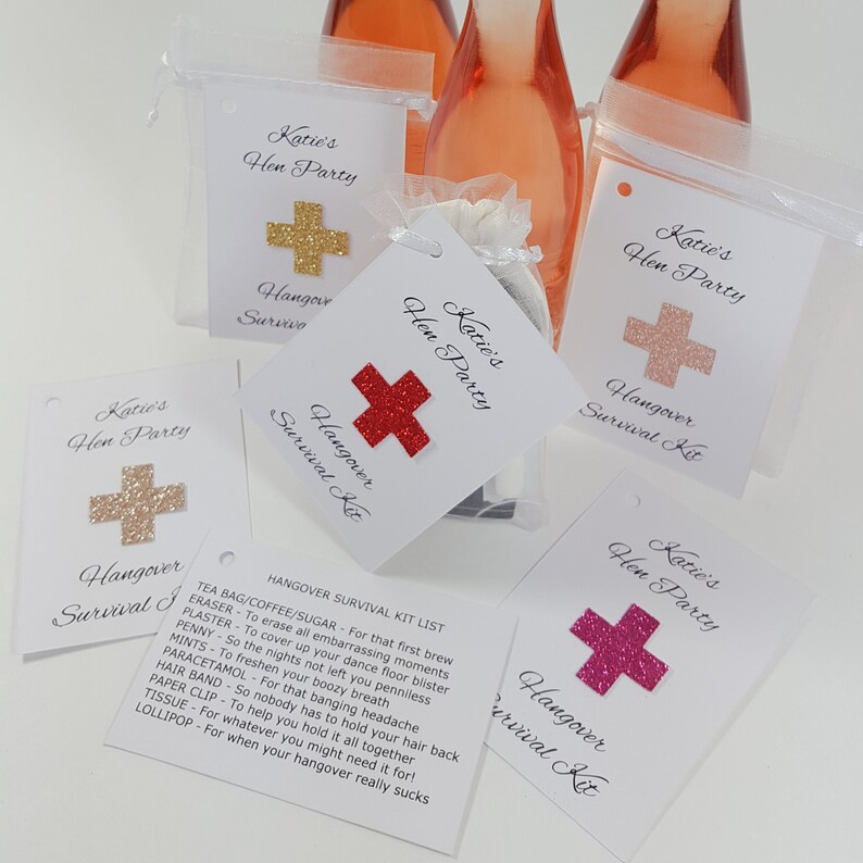 Personalised Hangover Kit Tags and Bags. Hen Party Favour Survival Kit ...