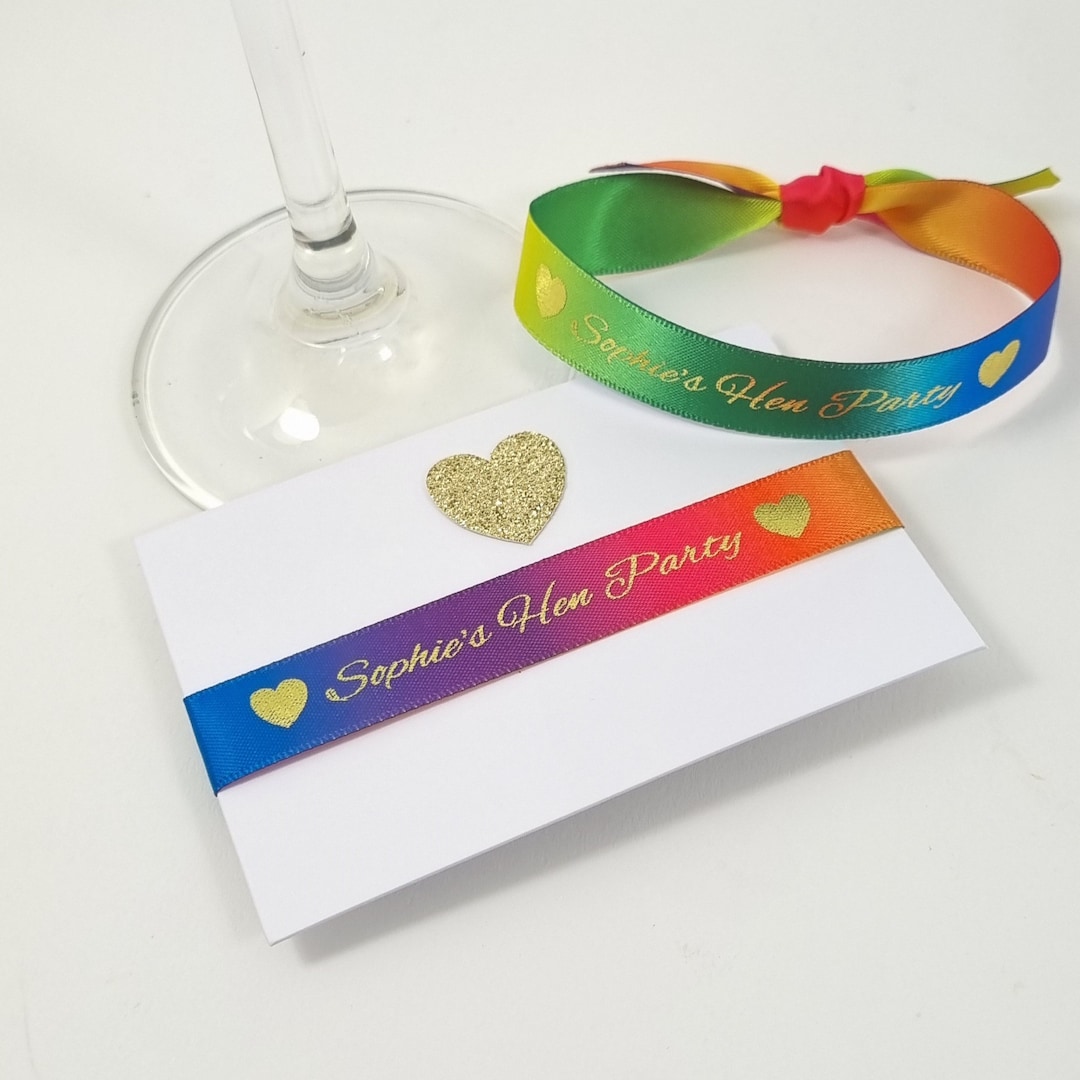 Hen Party Rainbow Wristbands. Personalised Hen Ribbon Gifts, With Gold ...