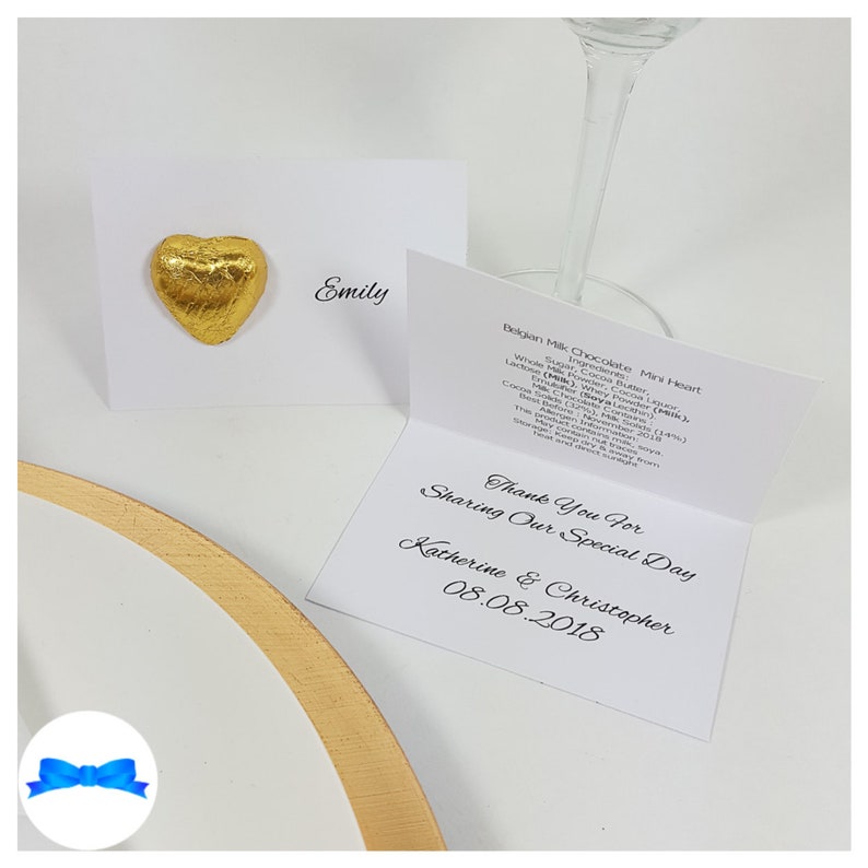 Personalised Place Cards With Chocolate Heart Favour. Name - Etsy España