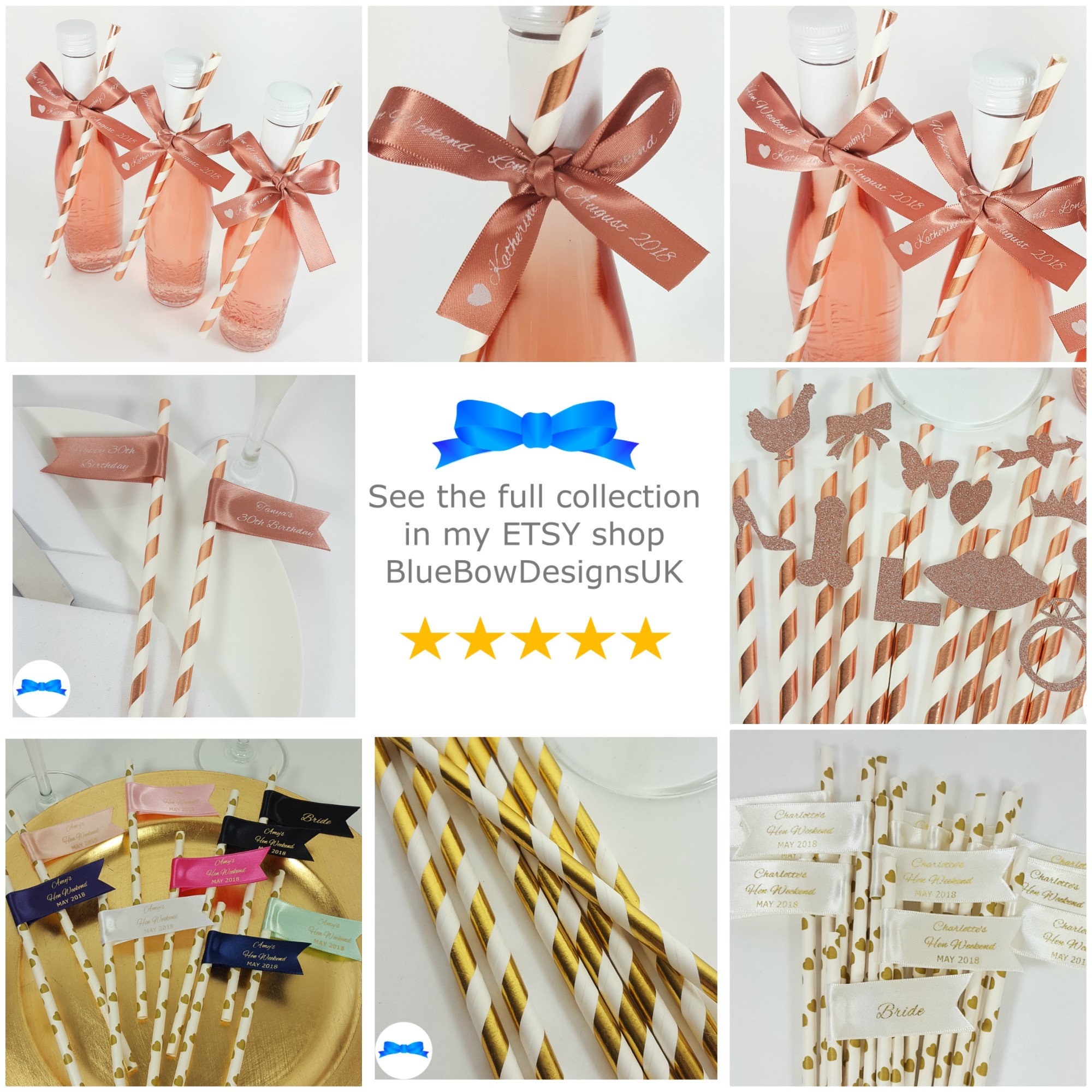 Personalised Gold Hen Party Straws and Ribbons for Tying Bows - Etsy UK
