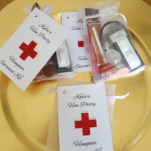 Personalised Hangover Kit Tags and Bags. Hen Party Favour Survival Kit ...