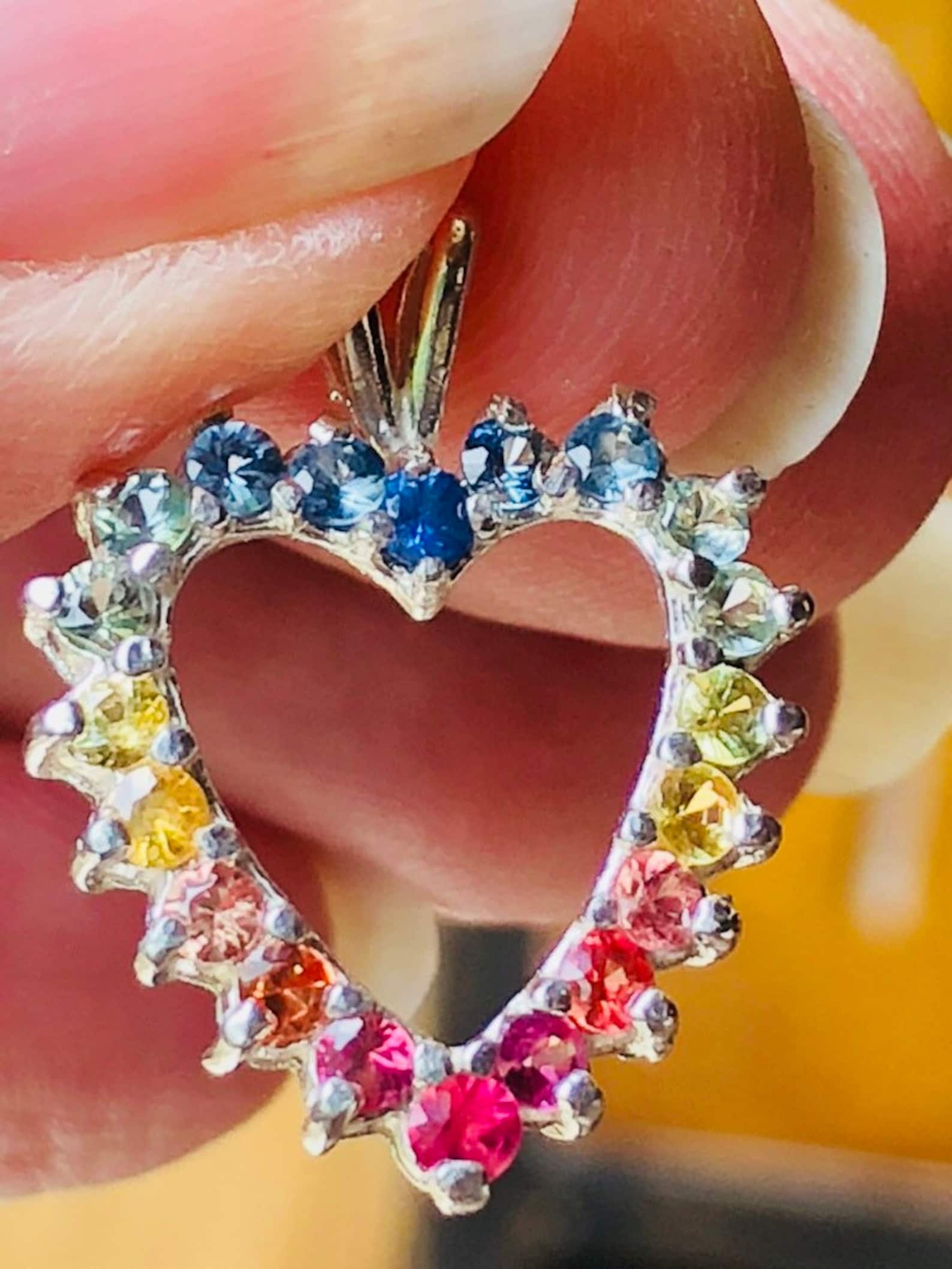 Rainbow Fancy Colors Sapphires Sterling Silver Heart Pendant | Etsy