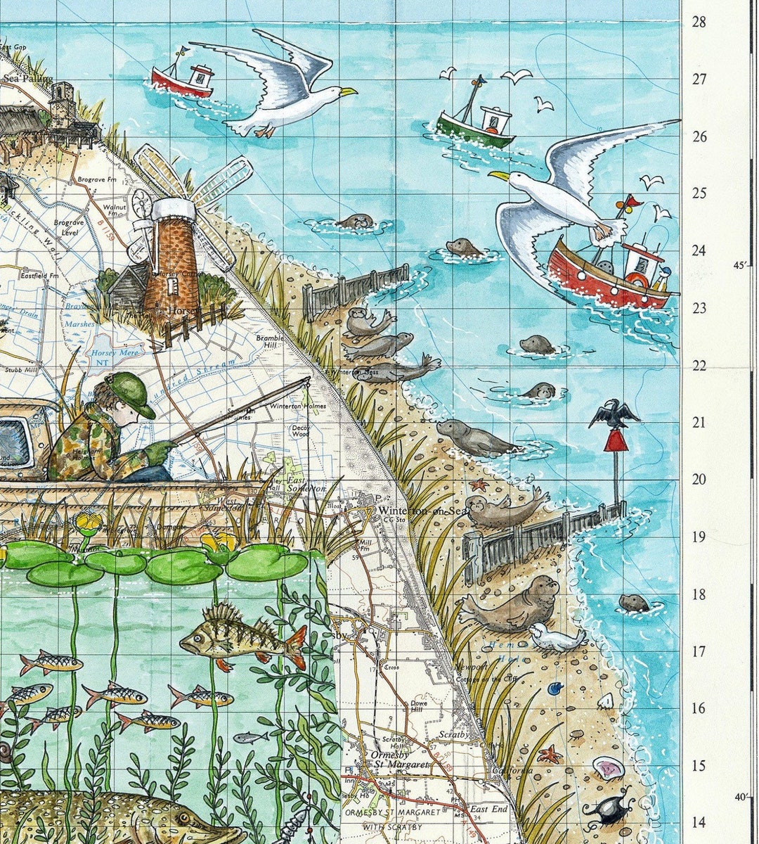 Pike Fishing, Norfolk Broads. Large, Giclee Print of My Original Map ...