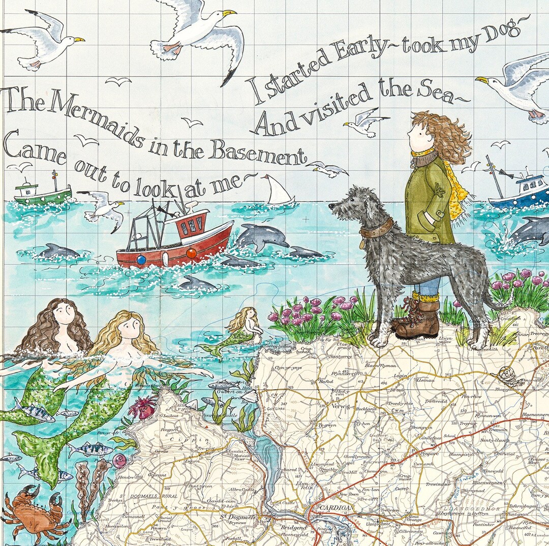 Emily Dickinson Poem Art Print: Dog Walk, Mermaids, Vintage Wales Map ...