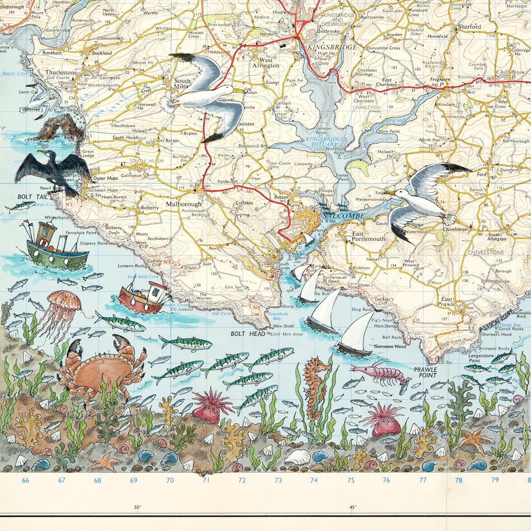 Salcombe Estuary Art Print: Devon Seaside Vintage Map - Etsy