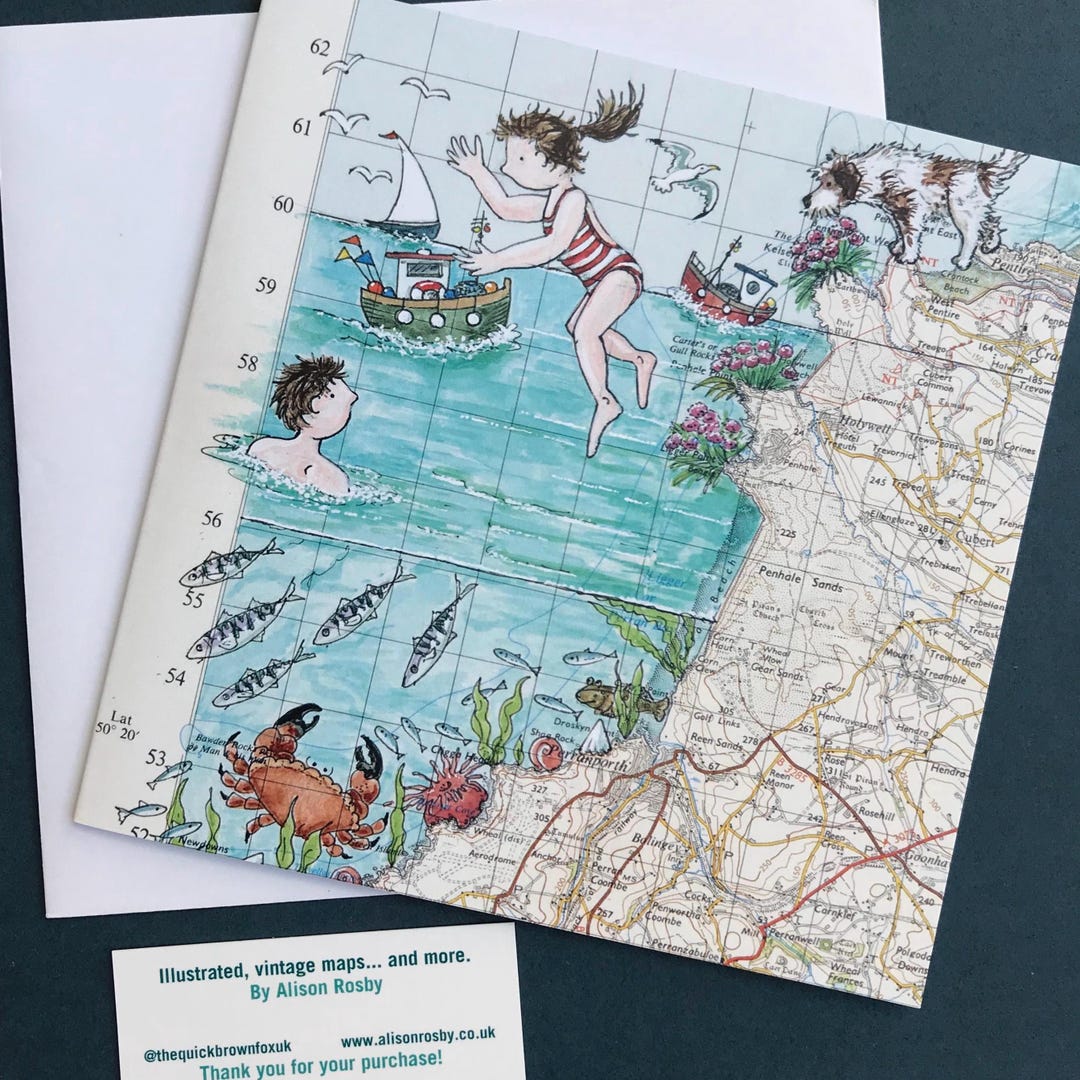 Greetings Card From My Unique Map Painting. Boy and Girl at Penhale ...