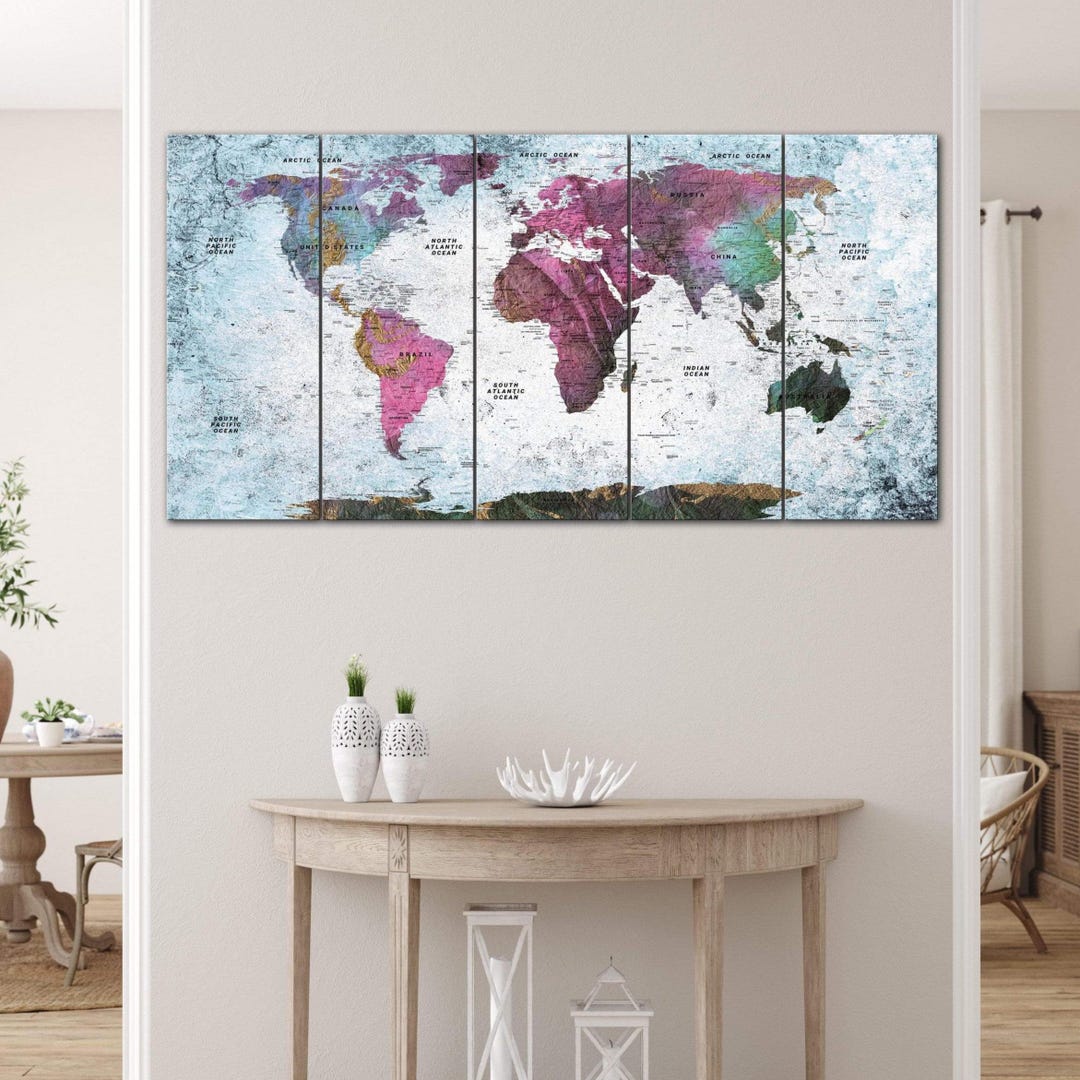 Abstract Purple World Map Print Large Textured Travel Wall Art Vintage ...