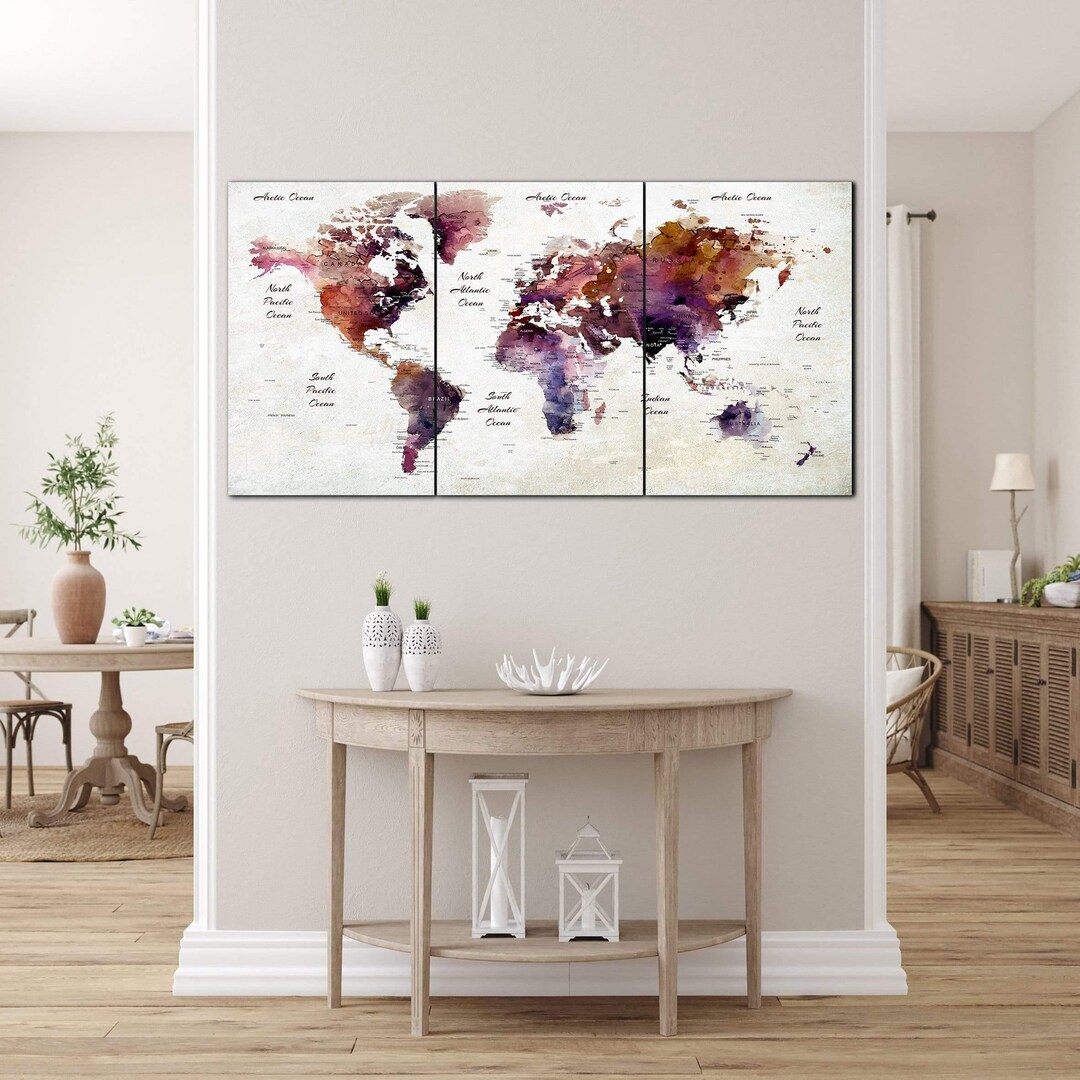 Warm-toned Watercolor World Map Canvas Wall Art Antique Vintage Earth ...