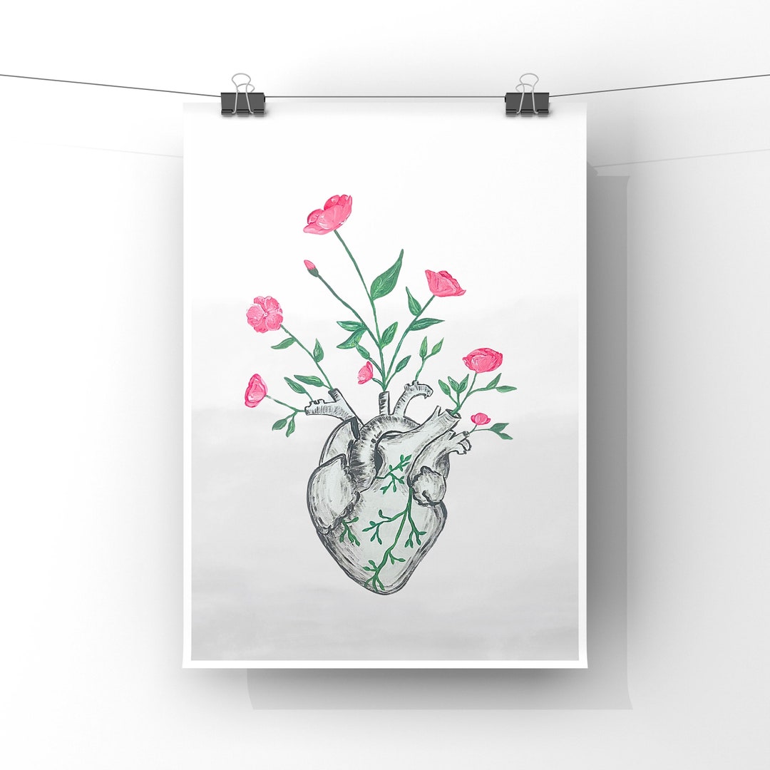 Anatomical Human Heart Art Print, Heart With Flowers, Heart Surgery ...