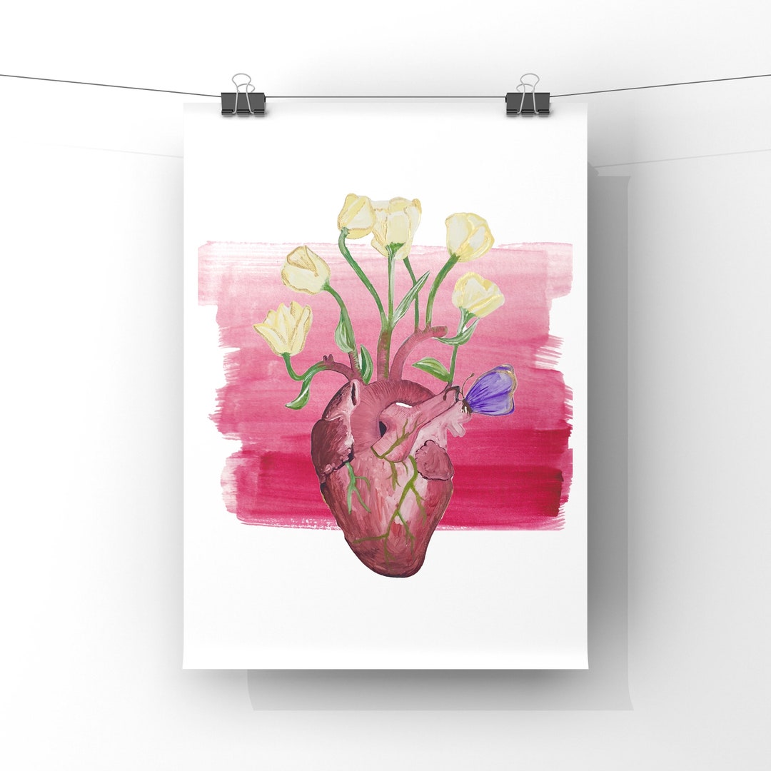 Anatomical Human Heart Art Print, Heart With Flowers, Heart Surgery ...