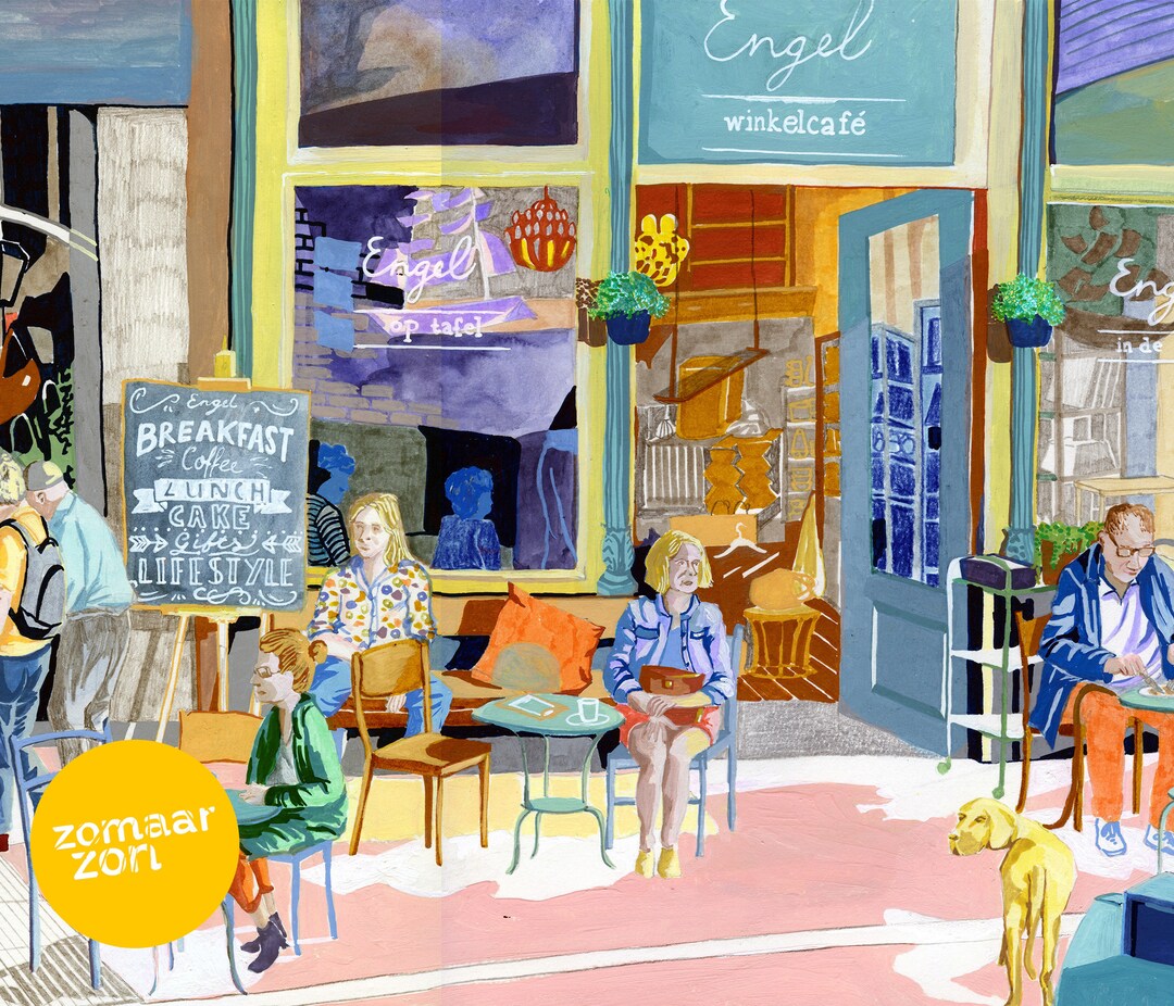 Art Print Shop Café engel, Cozy Terrace in the City of Zwolle A4/A3/A2 ...