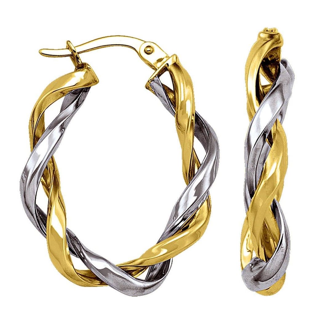 14k Solid Two Tone Gold Thick Twisted Oval Double Rolled Hoop Earrings ...