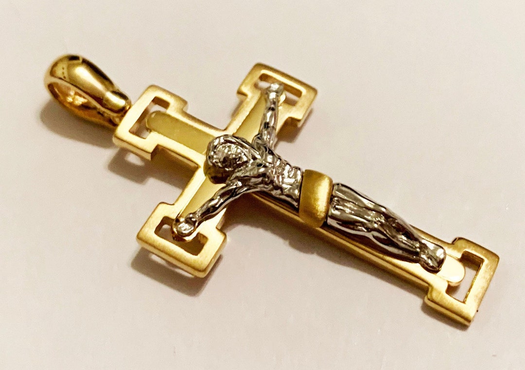 18k Solid Two Tone Gold(2"inch)unique Crucifix Cross, Rare Find Work of ...