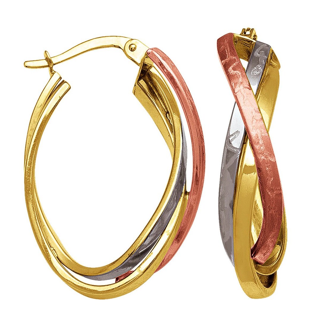 10k Solid Three Tone Gold Oval Triple Hoop Earrings(1"inch)unique Work ...