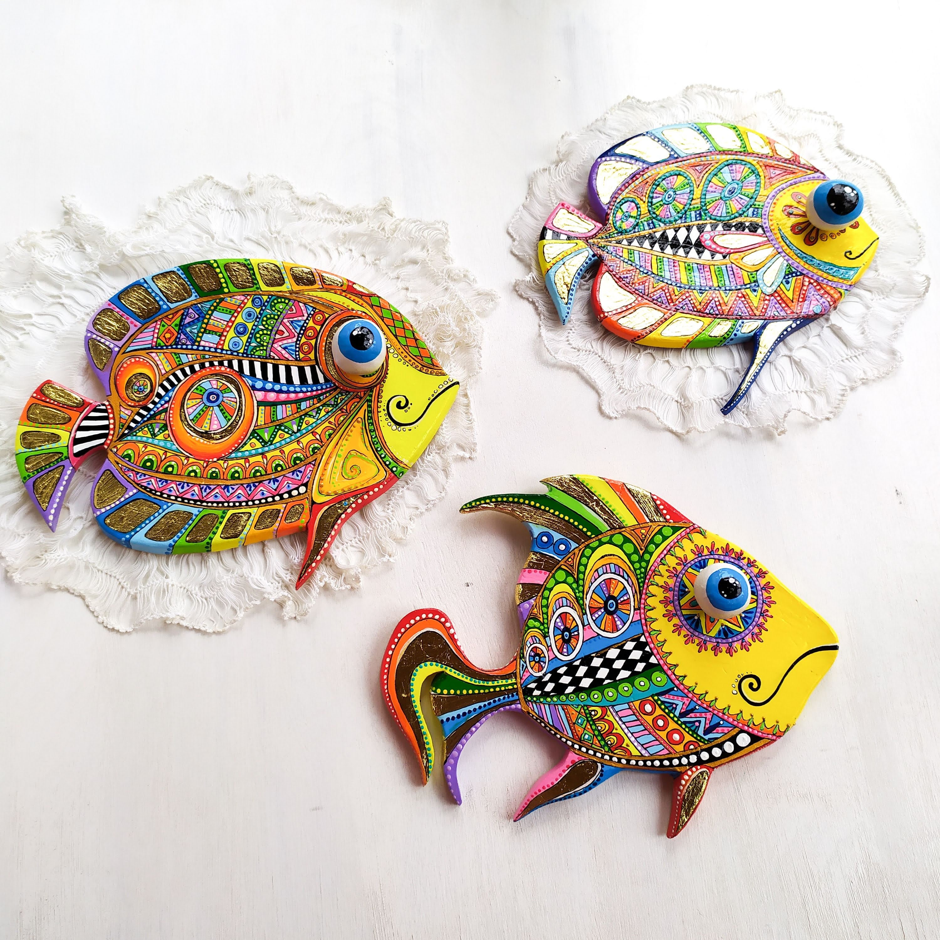 Home & Living 3 Polymer clay fish wall sculpture in Mexico folk art ...