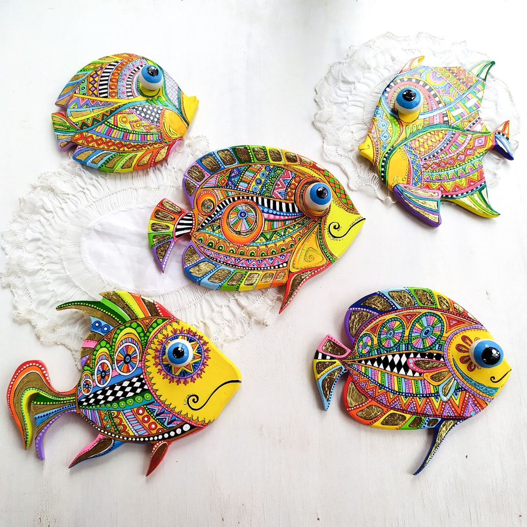 5 Handmade Aquarium Fish Art. Air Dry Clay Fish Wall Art in Talavera ...