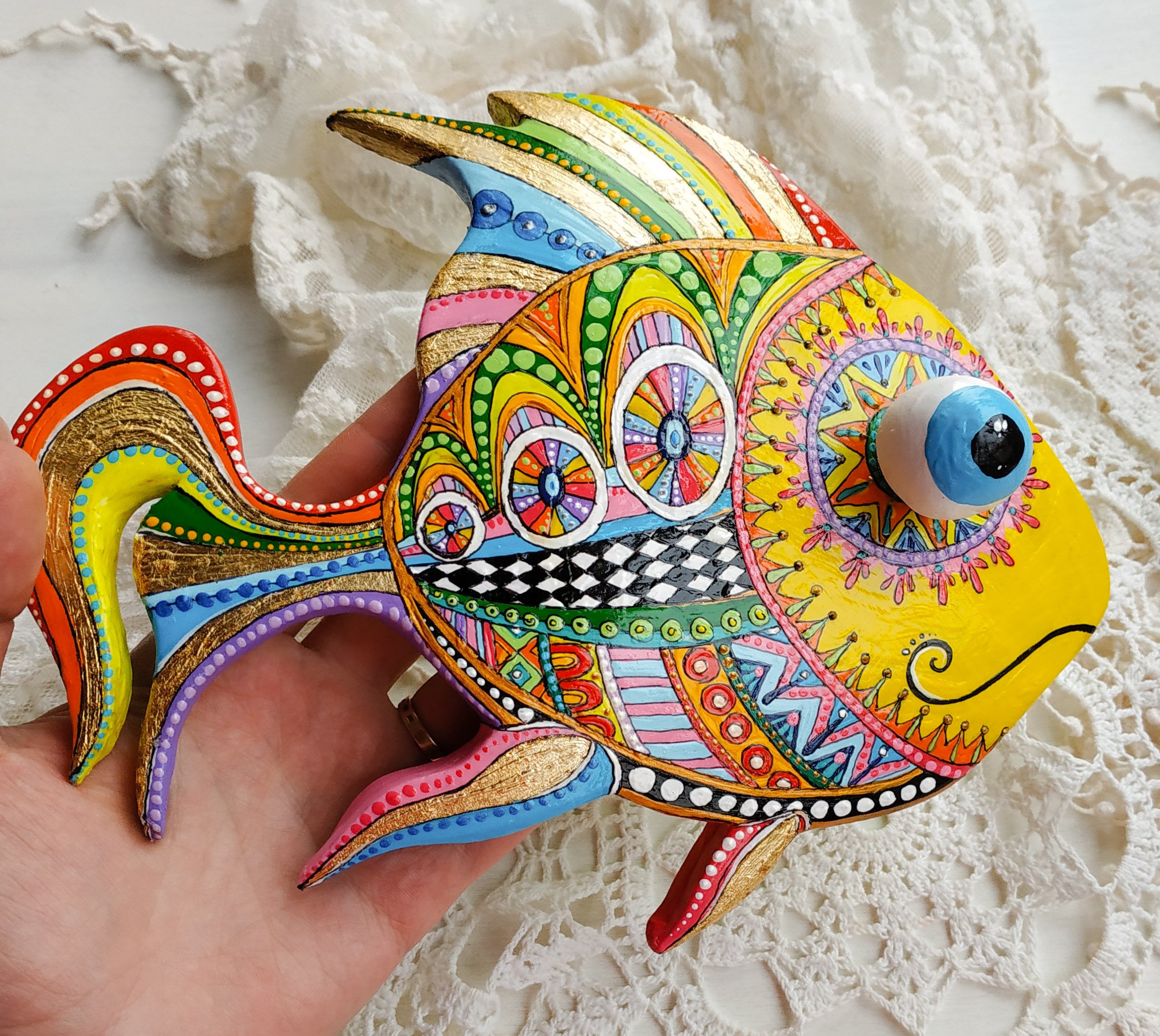 Set of 3 Polymer clay fish wall art in Talavera pottery style Hawaiian ...