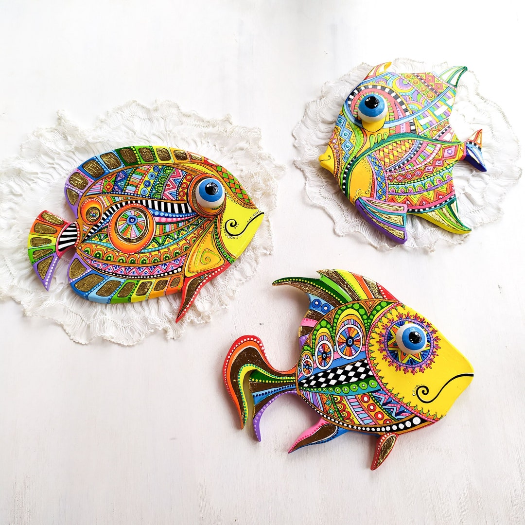 Handmade 3 Fish Artwork. Air Dry Clay Fish Wall Sculpture in Mexican ...