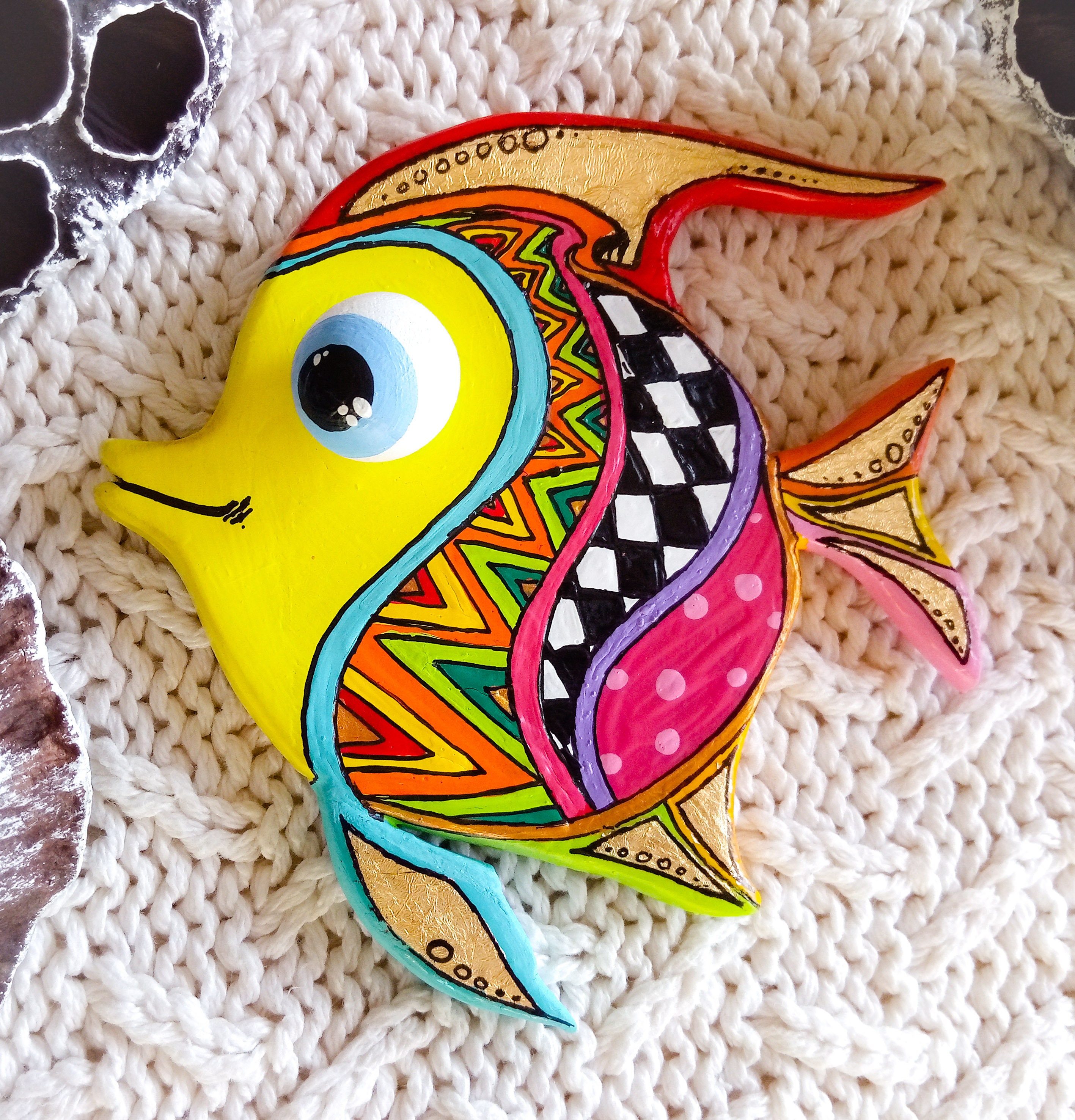 Home & Living 3 Polymer clay fish wall sculpture in Mexico folk art ...