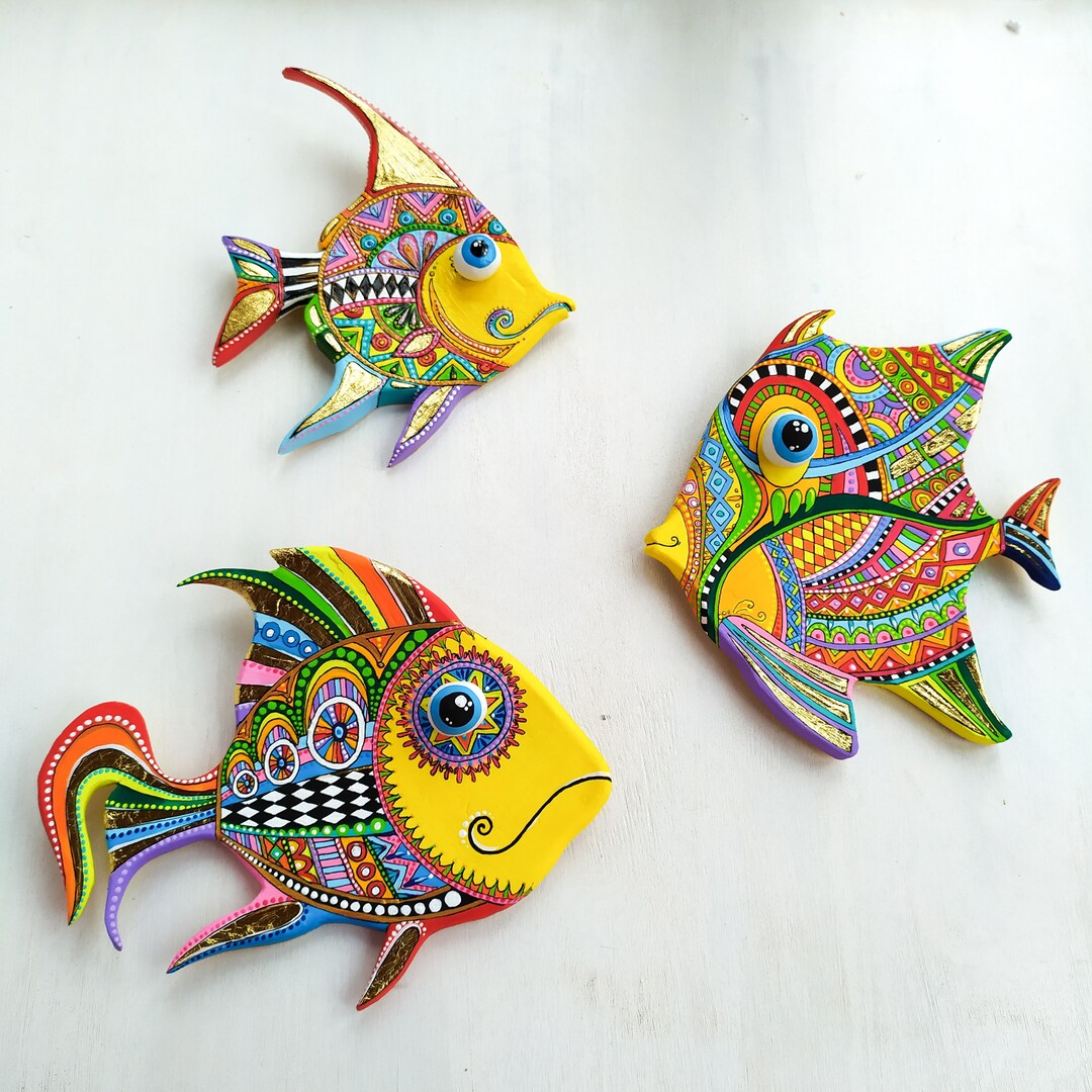 Bright Wall Art Animal. Handmade Fish Artwork. 3 Fun Home Decor Fish in ...