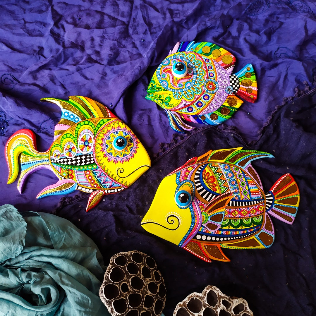 Handmade 3 Fish Artwork. Air Dry Clay Fish Wall Sculpture in Mexican ...