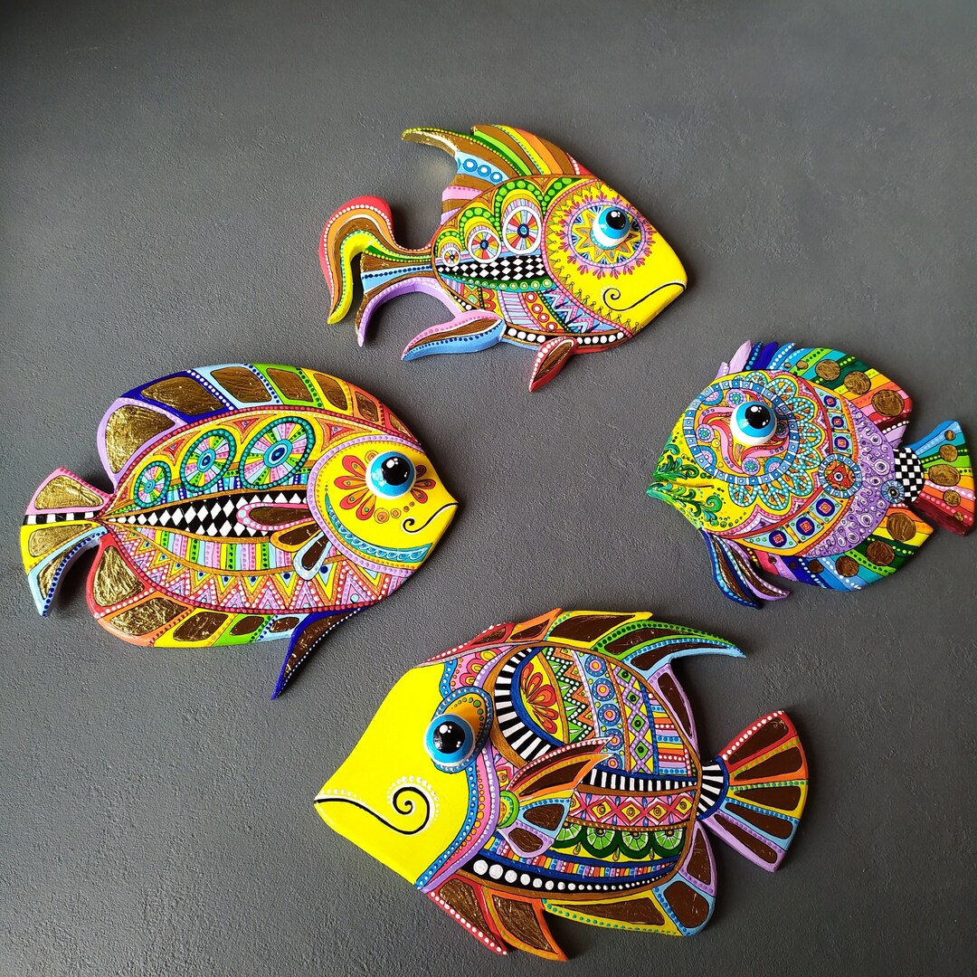 Handmade 4 Fish Artwork. Air Dry Clay Fish Wall Sculpture in - Etsy