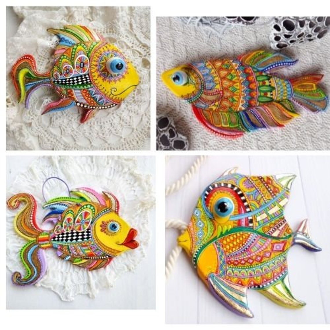 Handmade 4 Fish Artwork. Air Dry Clay Fish Wall Sculpture in | Etsy