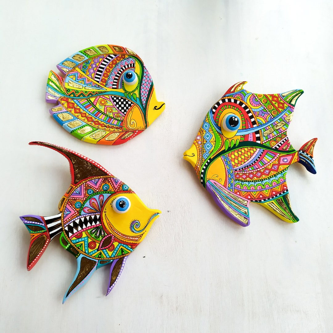 Handmade 3 Painted Fish Garden Sculpture OUTDOOR in Talavera Style ...