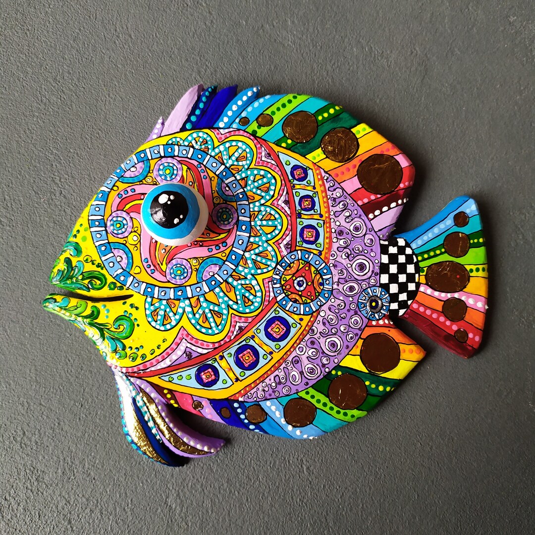 Handmade Fish Artwork. Polymer Clay Fish Wall Sculpture in Mexican Folk ...