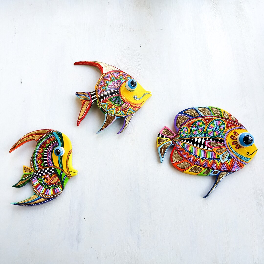 Handmade 3 Fish Artwork. Air Dry Clay Fish Wall Sculpture in Talavera ...